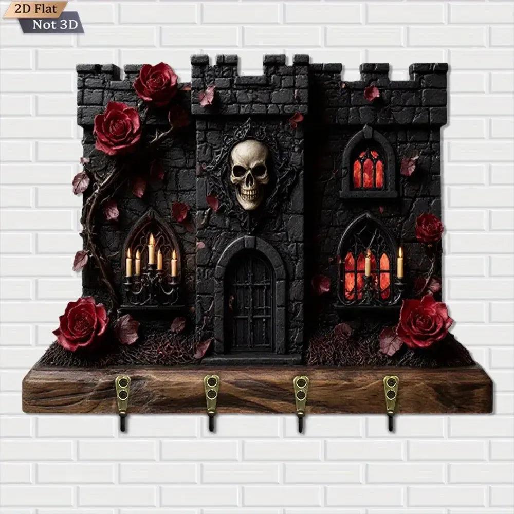 2D Gothic Castle Key Holder with Skull & Roses - Spooky Gothic Decor
