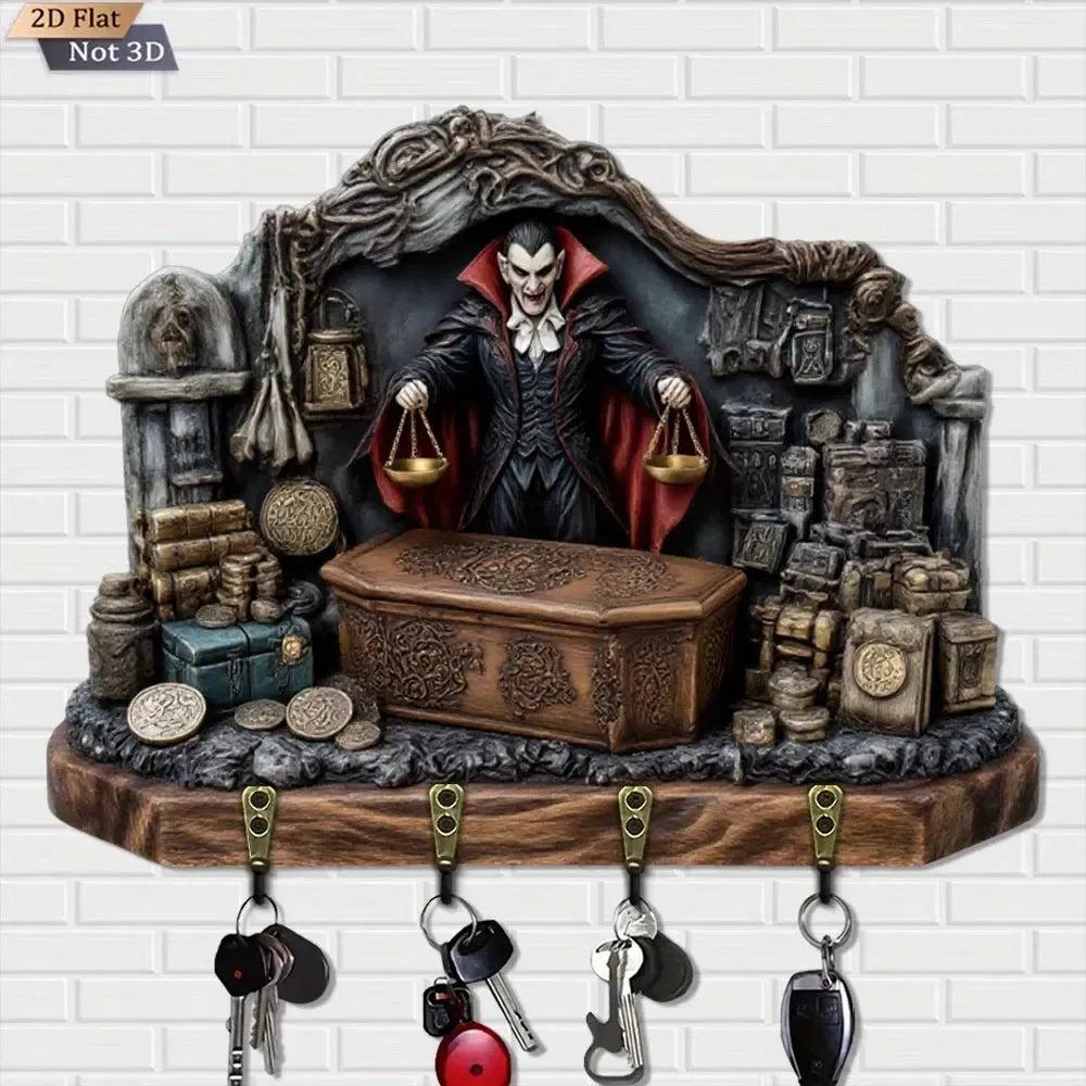 2D Gothic Vampire Dracula Key Holder 4 Metal Hooks - Dark Aesthetic Wo