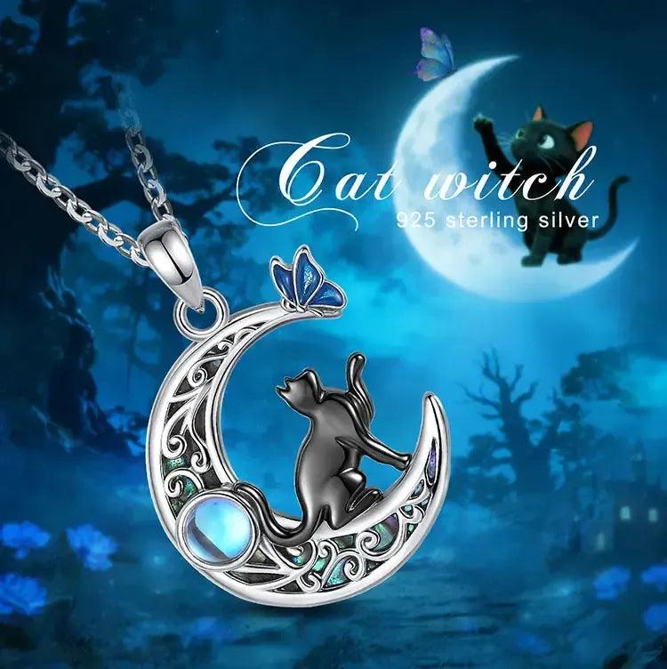 925 Silver Black Cat on Crescent Moon Necklace Moonstone Abalone Shell