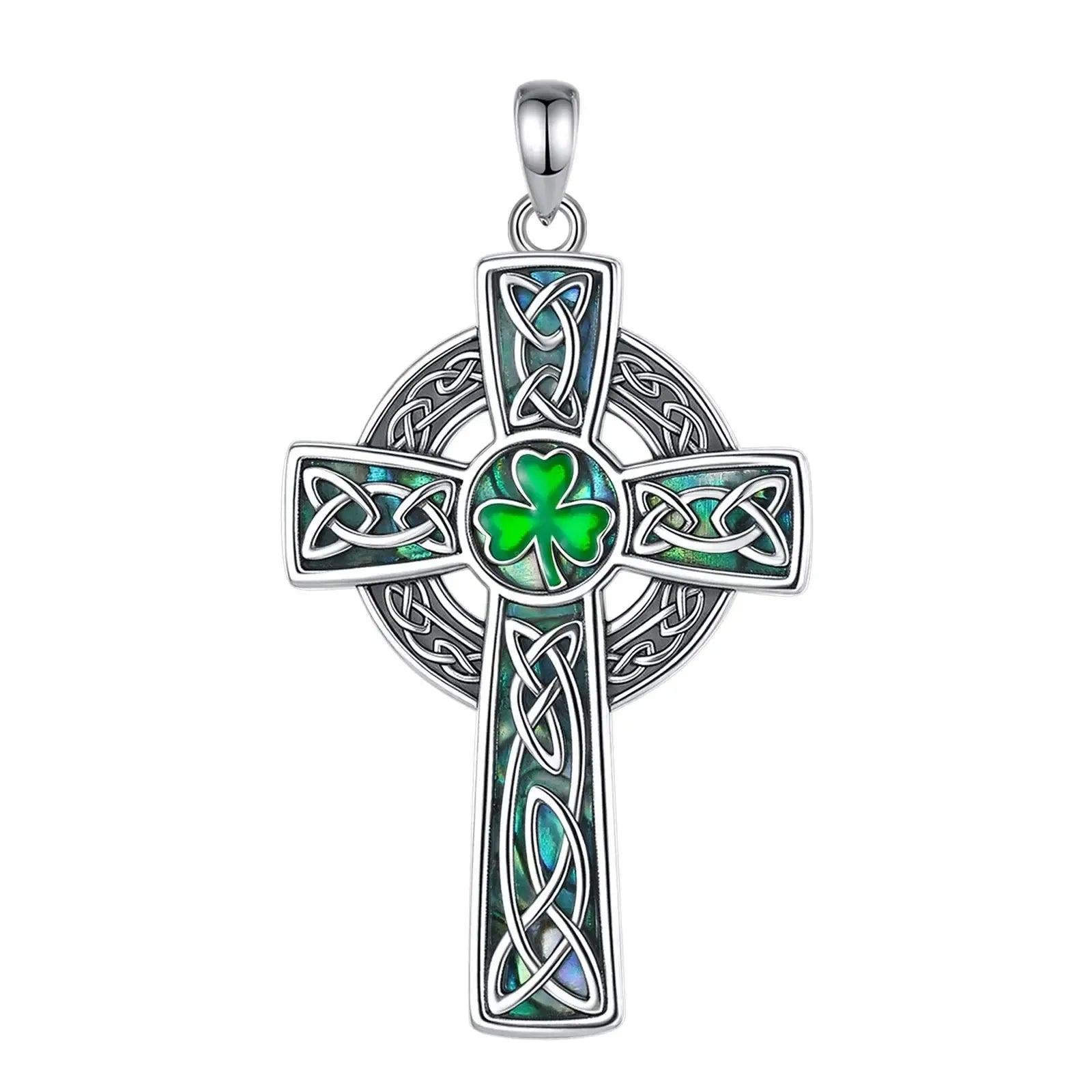 925 Silver Celtic Cross Necklace Abalone Shell Four Leaf Clover Pendan