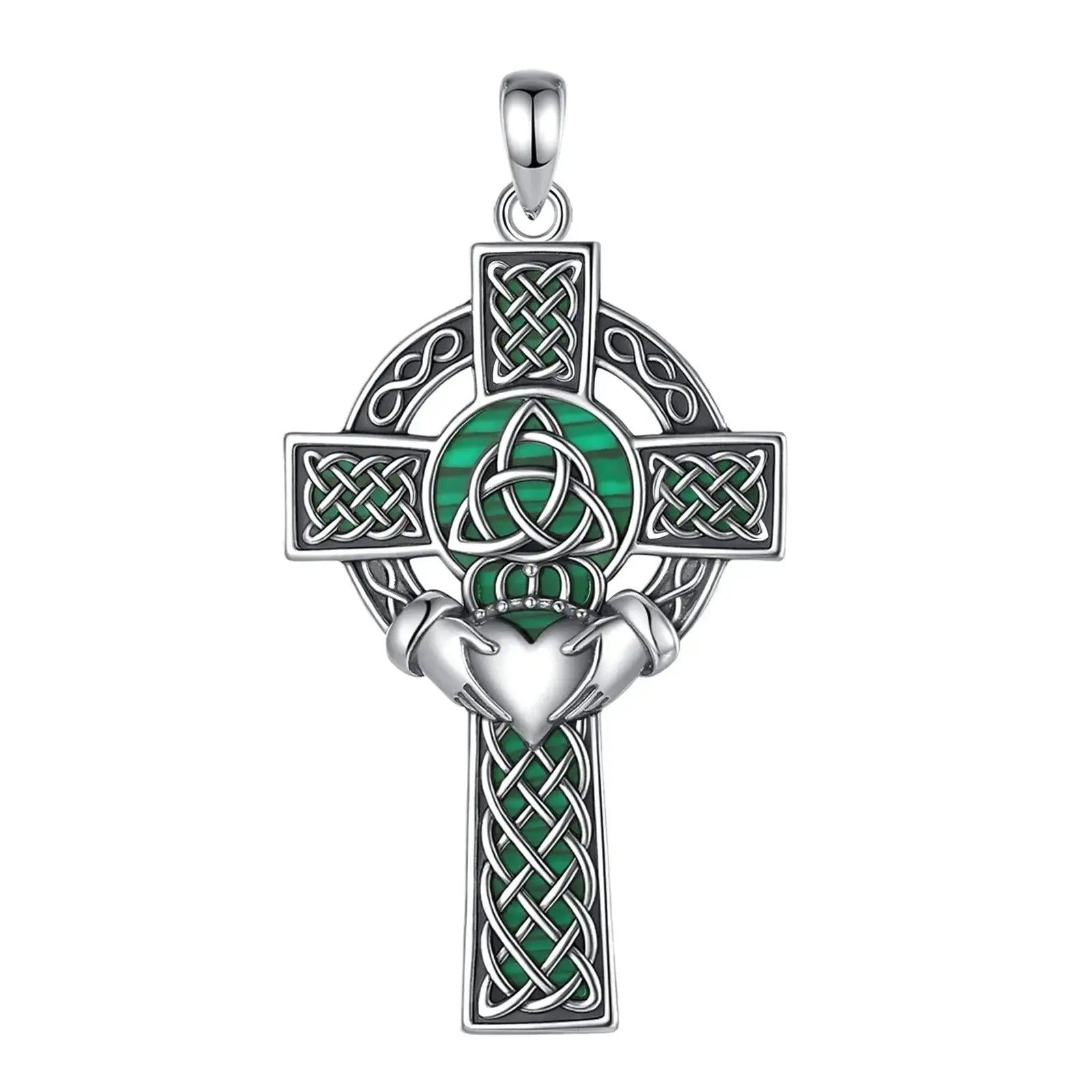 925 Silver Celtic Cross Necklace Malachite Crown Heart Cross Pendant P