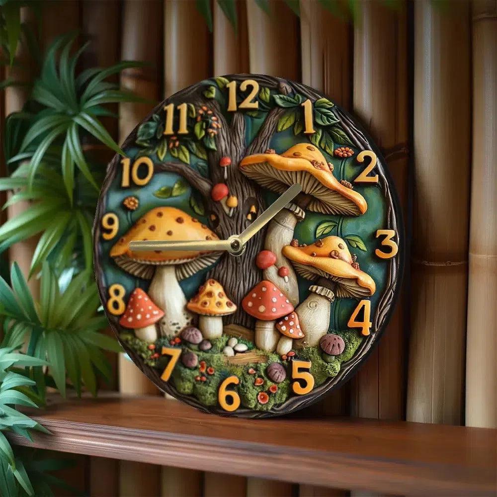 Enchanted Forest Wooden Wall Clock - Whimsical Mushroom & Floral Witch ...