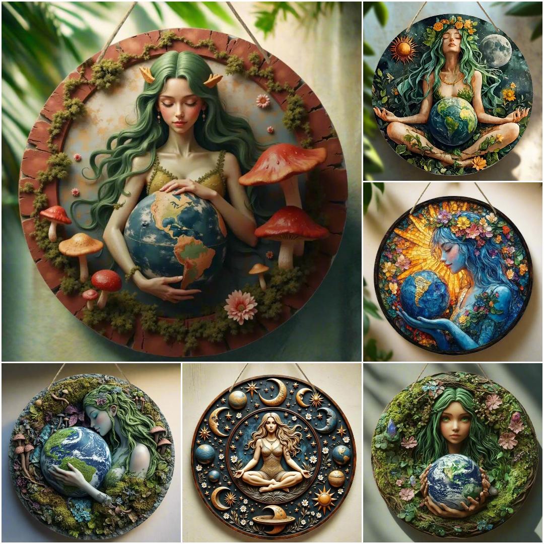 Gaia Goddess Earth Mother Wooden Sign - Earth Goddess Pagan Hanging Si