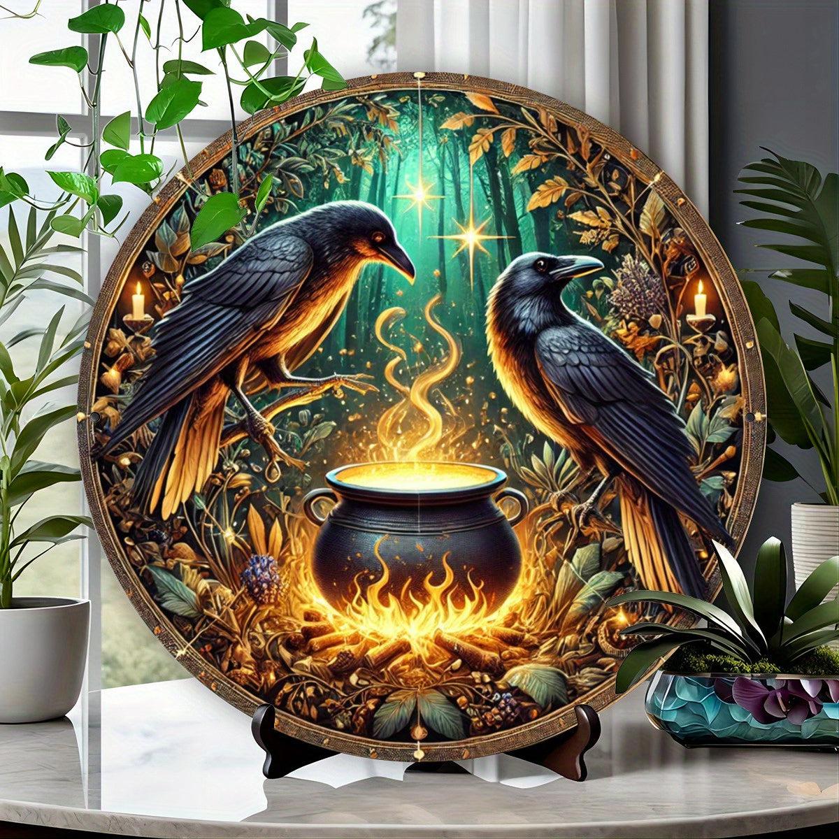 Gothic Crow Metal Sign Cauldron and Black Raven Halloween Metal Sign ...