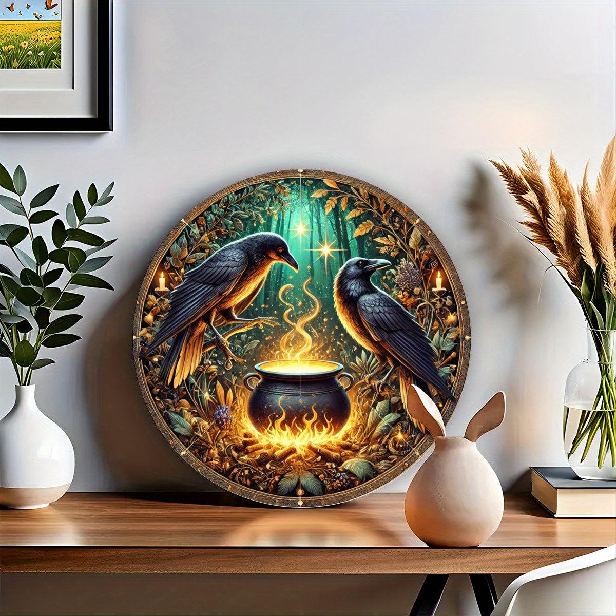Gothic Crow Metal Sign Cauldron and Black Raven Halloween Metal Sign ...