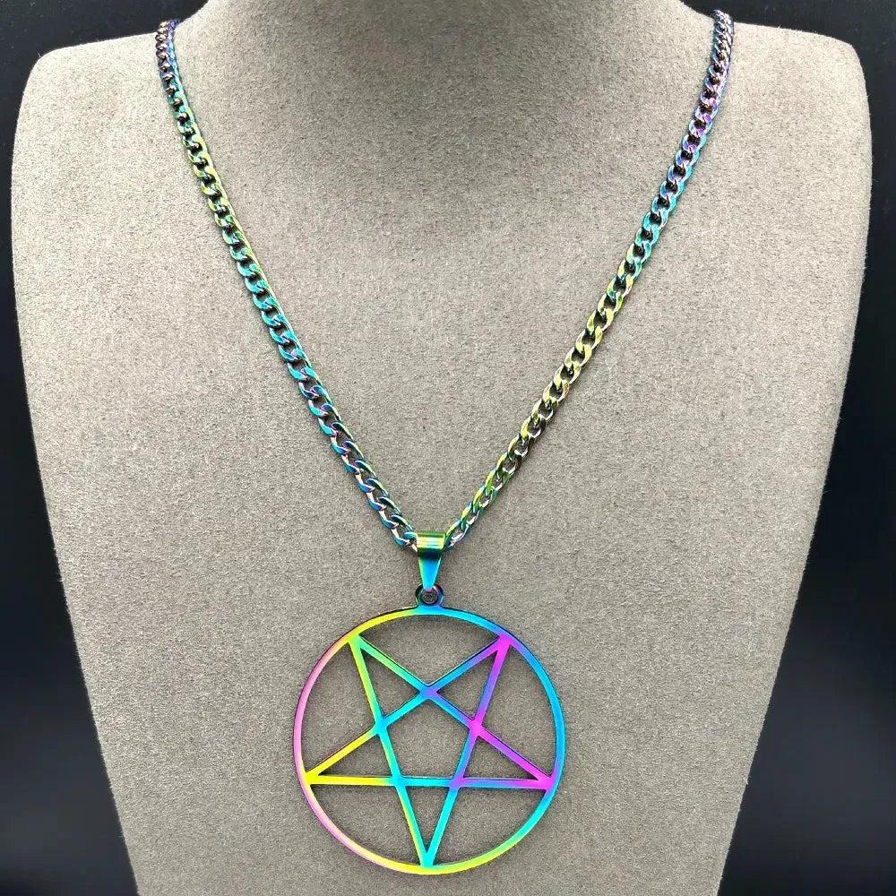 Gothic Witchcraft Inverted Pentagram Rainbow Color Necklace Witch Jewe