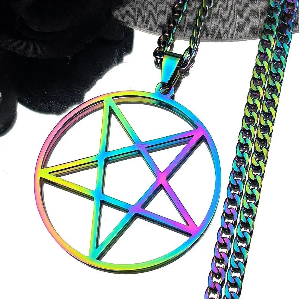 Gothic Witchcraft Inverted Pentagram Rainbow Color Necklace Witch Jewe