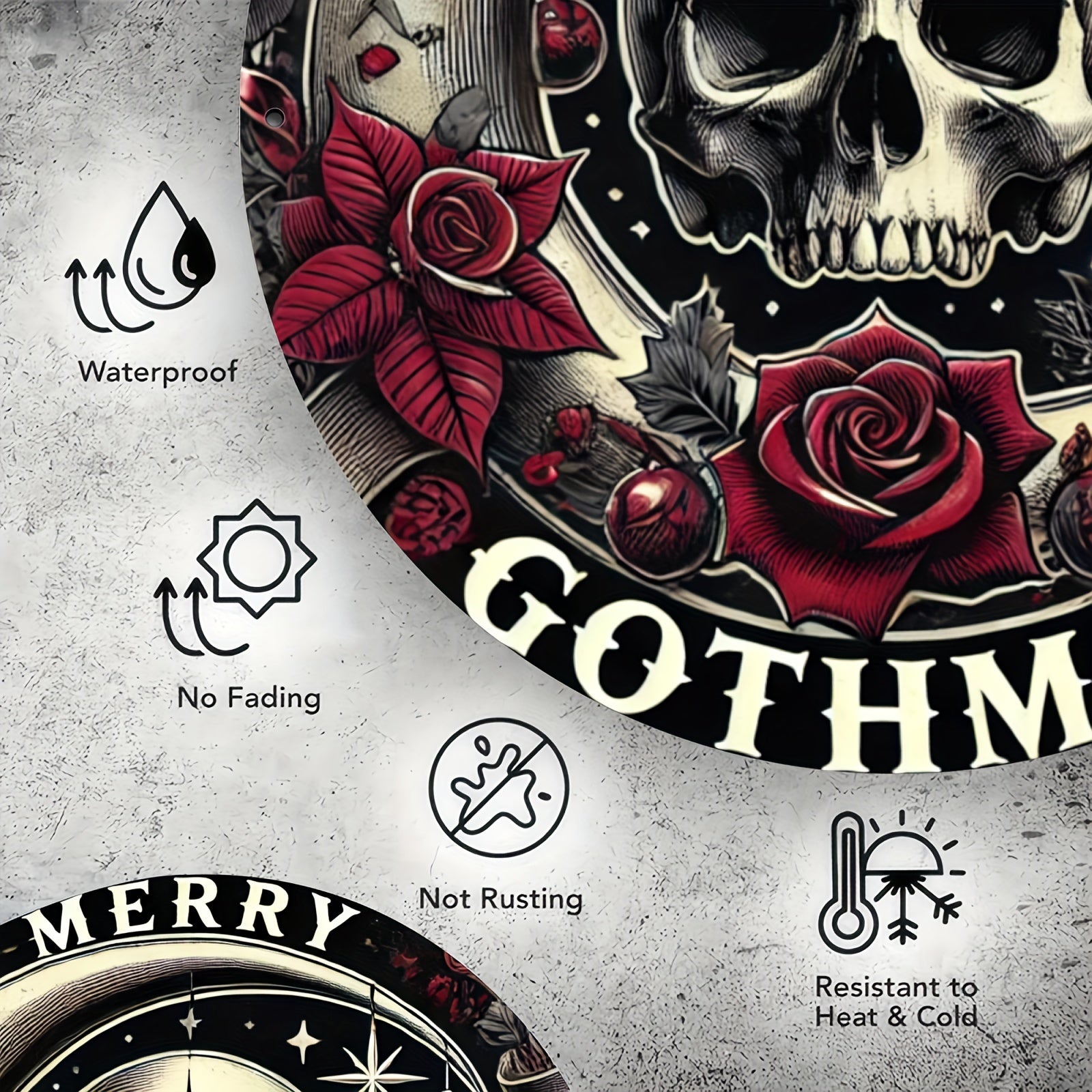 Merry Gothmas Wall Art Gothic Skull Metal Sign for Dark Christmas Deco