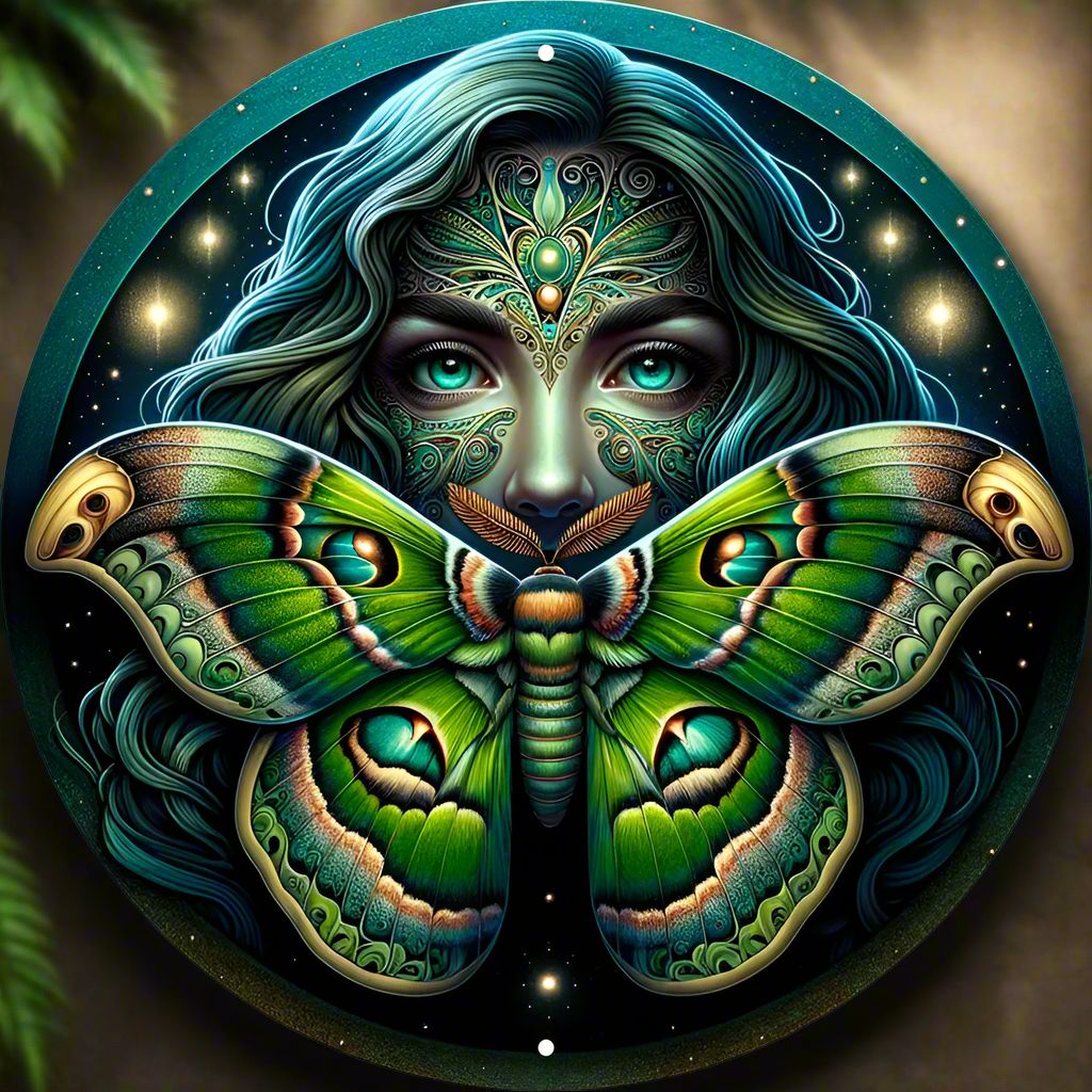 Mystical Butterfly and Goddess Metal Sign Luna Moth Wall Art Sign