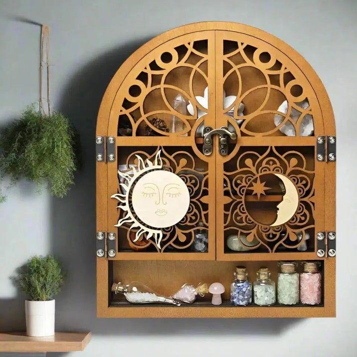 Sun and Moon Shelf Wicca Pagan Wooden Crystal Cabinet – MOONCHILD LTD