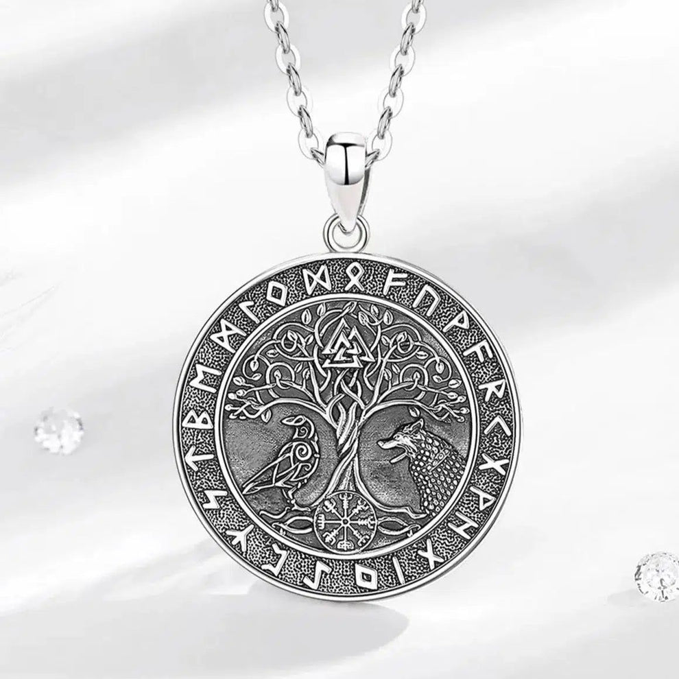 Viking Wolf Crow Necklace Compass Tree of Life Runes Pagan Jewelry ...