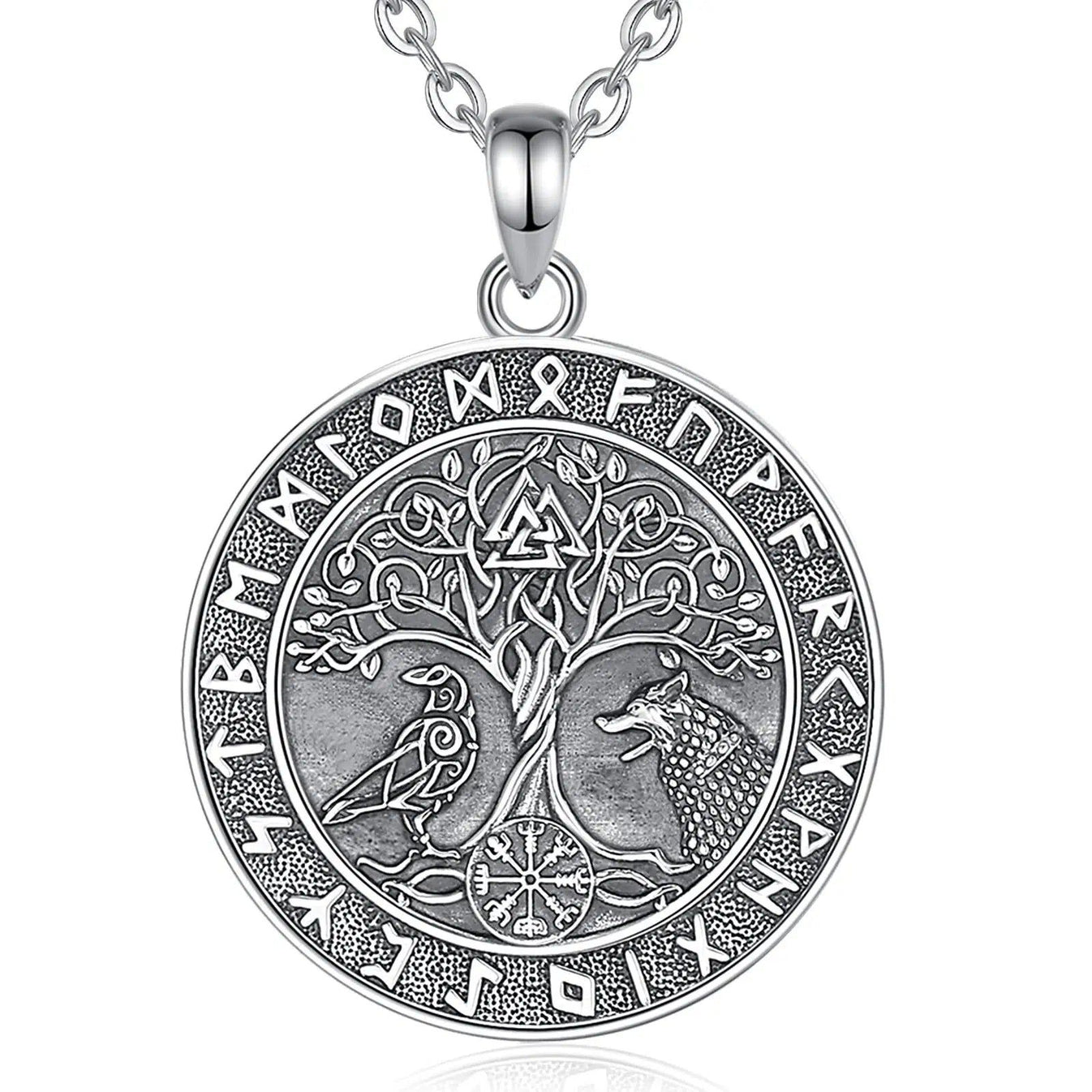 Viking Wolf Crow Necklace Compass Tree of Life Runes Pagan Jewelry ...