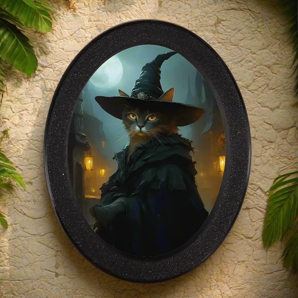 Witch Black Cat & Pumpkin Wooden Oval Frame - Spooky Oval Wall Art for