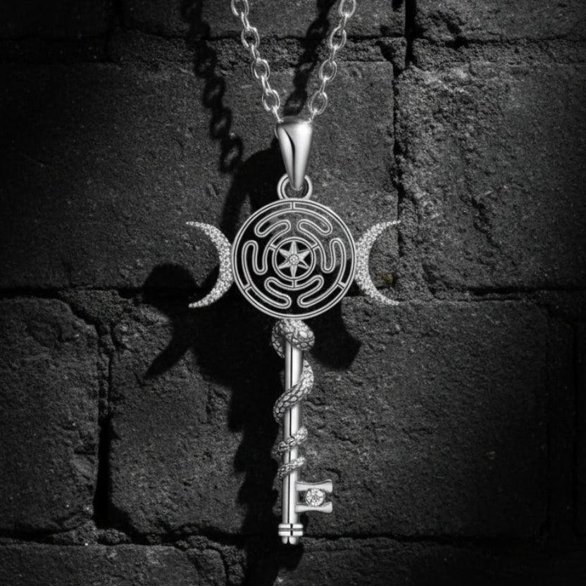 Witch Hekate Wheel Necklace Silver Snake Key Triple Moon Goddess Neckl