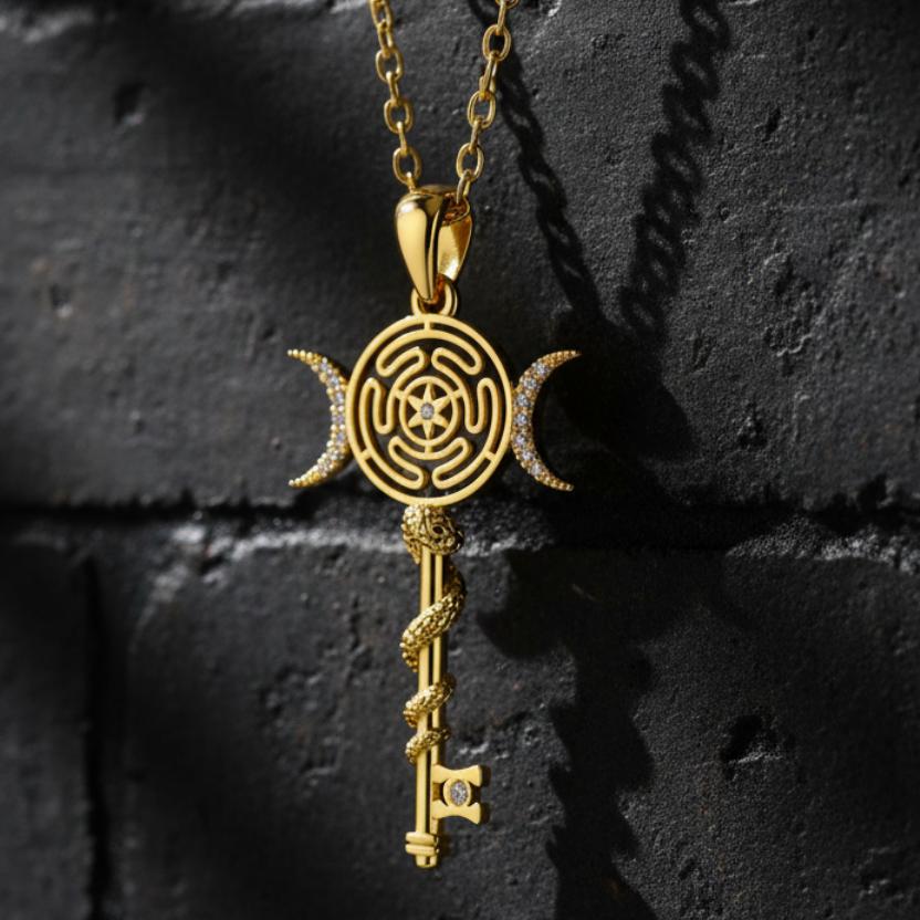 Witch Hekate Wheel Necklace Silver Snake Key Triple Moon Goddess Neckl