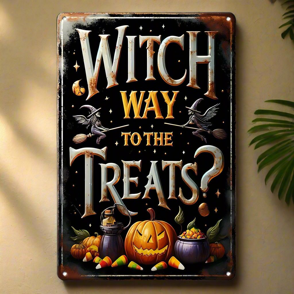 Witch Way to the Treats Metal Sign Witch Wall Decor Halloween Welcome