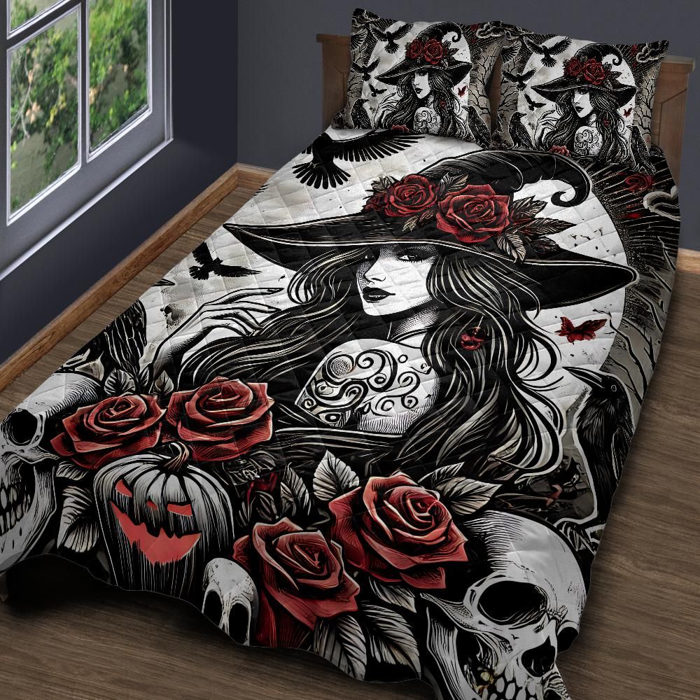Witchy Raven and Gothic Witch Quilt Bedding Set for Halloween ...